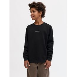 Jack & Jones Sweatshirt JACK & JONES JUNIOR "JCOPOINT SWEAT BADGE CREW NECK BF JNR", Jungen, Gr. 128, schwarz print:jnr, angeraute Sweatware, Obermaterial: 72% Baumwolle, 28% Polyester, bedruckt, loose fit normal, Rundhals, Rippb&uuml;ndchen, Sweatshirts Sweatshirt