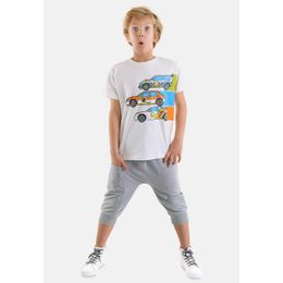 DENOKIDS Jungen Hausanzug "Racer", Gr. 110, weiß, 100% Baumwolle, bedruckt, Homewear-Sets, mit Rennwagen-Aufdruck
