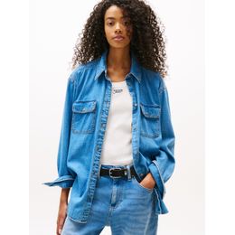 Jeansbluse Tommy Jeans "LS RELAXED DENIM SHIRT EXT", Damen, Gr. S (36), blau (denim medium), Denim/Jeans, Obermaterial: 100% Baumwolle, unifarben, Blusen