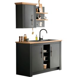 Pantryküche KOCHSTATION "KS-Westminster", grau (küche: grau, korpus: grau dunkel, arbeitsplatte: eiche wotanfarben), B:130cm T:60cm, Komplettküchen-Sets, Breite 130 cm, ohne E-Geräte