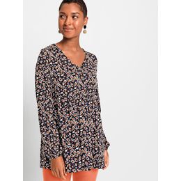 Langarmshirt Inspirationen "Druck-Tunika", Damen, Gr. 44, schwarz (schwarz, papaya, bedruckt), 95% Viskose, 5% Elasthan, gebl&uuml;mt, gemustert, V-Ausschnitt, Shirts Langarmshirt