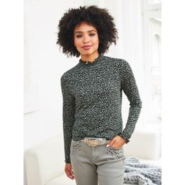 Langarmshirt Heine "Druck-Shirt", Damen, Gr. 42, gr&uuml;n (moos, khaki, bedruckt), 95% Viskose, 5% Elasthan, bedruckt, gemustert, mehrfarbig, Rundhals, Shirts Langarmshirt