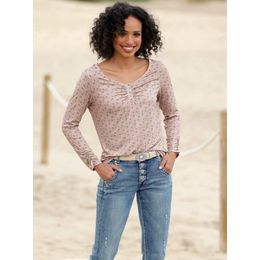 Langarmshirt Heine "Druck-Shirt", Damen, Gr. 38, rosa (sesam, altrosa, bedruckt), 95% Viskose, 5% Elasthan, bedruckt, gebl&uuml;mt, gemustert, mehrfarbig, Rundhals, Shirts Langarmshirt
