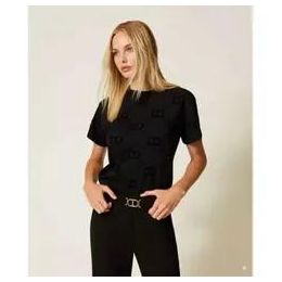 TWINSET f&uuml;r Damen. 252TP2055 Ovales T-Shirt mit Flockdruck T schwarz (M), L&auml;ssig, Baumwolle, Kurzarm