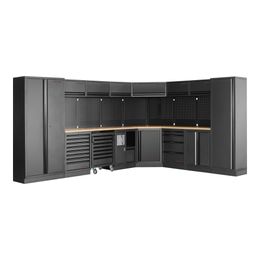 Kraftwerk 8-Element-Schrankwand mit Vierkantlochwand Länge 3819 mm 2824 mm Multiplex-Arbeitsplatten (3964E-BLK)
