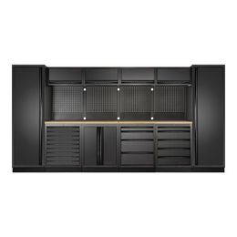 Kraftwerk 6-Element-Schrankwand mit Vierkantlochwand Länge 3920 mm Multiplex-Arbeitsplatte (3964F-BLK)