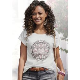 Vivance Kurzarmshirt 'mit modischem Frontdruck' beige Gr. 40/42 f&uuml;r Damen. Rundhals und Print. Gerade. Nachhaltig.