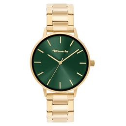 Tamaris Quarzuhr Armbanduhr, Damenuhr, Edelstahlarmband, analog goldfarben Tamaris Uhr "Waldgr&uuml;n" - tauche ein in die Tiefe des Waldes! Elegantes...