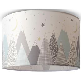 Paco Home Deckenleuchte &raquo;Hugo Cosmo&laquo; E27 Kinderzimmer Stoffschirm Kinderlampe Deckenleuchte Berge Mond Stern Wei&szlig;