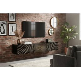 Riess Ambiente H&auml;ngendes TV-Board ILLUSION 160cm schwarz Mangoholz Massivholz mit 3D Schnitzereien gold Riess-Ambiente Glamour Industrie & Loft