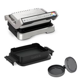 Kontaktgrill Tefal "GC774HP OptiGrill 4in1", silber (silberfarben), B:29cm H:41,2cm T:46,6cm, Kontaktgrill_Standgrill_Tischgrill_Teppanyakigrill, inkl. Backschale, aufklappbar. Gratis: Hamburger Presse