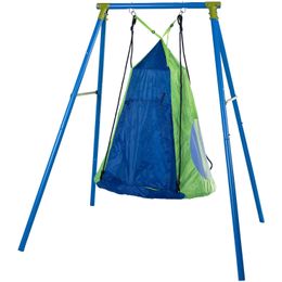 Schaukelkombination SANDORA, blau (blau, grün), Schaukeln, KinderB:163cm H:200cm L:153cm, Kunststoff, PE, Stahl, mit Nestschaukel 100 cm Ø blau und Überwurfzelt, B:163cm H:200cm L:153cm