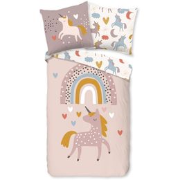 Kinderbettw&auml;sche Good Morning "Unilove", rosa, B/L: 135cm x 200cm, 1 Stk., 1 Stk., Renforc&eacute;, B/L: 80cm x 80cm, 2 Stk., Renforc&eacute;, Obermaterial: 100% Baumwolle, Bettw&auml;sche, Baumwolle, 135x200, Rei&szlig;verschluss, Wende, Kind M&auml;dchen, Einhorn, Rosa