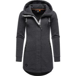 Langjacke Ragwear "Letty Intl.", Damen, Gr. M (38), grau (ash), Sweatware, 54% Polyester, 41% Baumwolle, 5% Viskose, tailliert ca. Mitte Oberschenkel, hoch geschlossener Ausschnitt, Ärmel ohne Ärmelschlitz normaler Saum, Jacken Langjacke, Sportliche Kapuzenjacke mit Kunstleder-Elementen