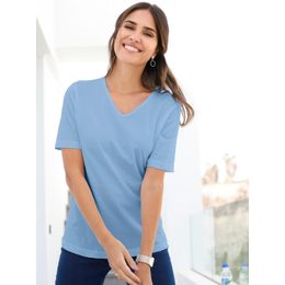 Kurzarmshirt Classic Basics "Shirt", Damen, Gr. 52, blau (bleu), 100% Baumwolle, unifarben, V-Ausschnitt, Shirts