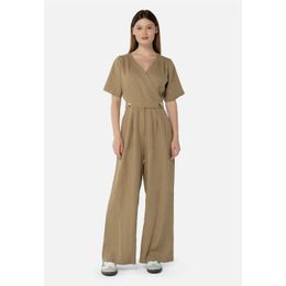 Jumpsuit FRESHLIONS "Kira", Damen, Gr. L, EURO-Größen, braun, 100% Leinen, lang, V-Ausschnitt, Overalls Jumpsuit, im klassischen Design