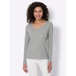 Langarmshirt Heine "Langarm-Shirt", Damen, Gr. 34, grau (hellgrau, meliert), 85% Baumwolle, 10% Viskose, 5% Elasthan, meliert, unifarben, V-Ausschnitt, Shirts Langarmshirt