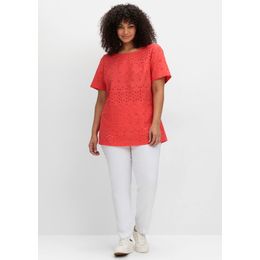Kurzarmshirt sheego by Joe Browns "T-Shirt", Damen, Gr. 40, rot (hummer), 100% Baumwolle, Rückenteil:95% Baumwolle, 5% Elasthan, unifarben, Rundhals, Shirts