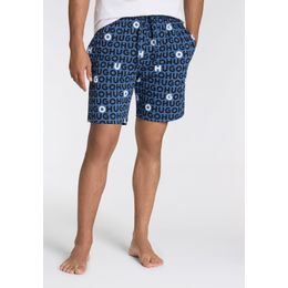 Schlafshorts HUGO UNDERWEAR "TORTUGA", Herren, Gr. XXL, N-Gr, blau (medium blau 422), Web, Obermaterial: 95% Baumwolle, 5% Elasthan, gerade kniefrei, Hosen, Allover Print, Straight, elastischer Bund
