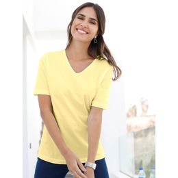 Kurzarmshirt Classic Basics "Shirt", Damen, Gr. 38, gelb (vanillegelb), 100% Baumwolle, unifarben, V-Ausschnitt, Shirts