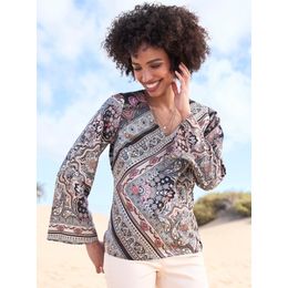 Druckbluse Heine, Damen, Gr. 38, grau (graphit, camel, bedruckt), 100% Polyester, Paisley, bedruckt, geblümt, gemustert, mehrfarbig, V-Ausschnitt, Blusen Druckbluse