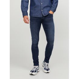 Jack & Jones Slim-fit-Jeans JACK & JONES "JJIGLENN Slim-Fit mit Stretch und praktischer 5-Pocket-Form", Herren, Gr. 28, Länge 32, blau (dunkelblau denim), Denim/Jeans, Obermaterial: 98% Baumwolle, 2% Elasthan, Abriebeffekte, slim fit knöchellang, Jeans, mit Abriebeffekten