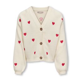 Strickjacke KIDS Only "KOGDANA LIFE LS HEART VNECK CARDIGAN KNT", M&auml;dchen, Gr. 122 (128), beige (birch detail), Strick, Obermaterial: 50% Viskose, 27% Nylon, 23% Polyester, unifarben, loose fit normal, V-Ausschnitt, Raglan&auml;rmel Strickb&uuml;ndchen, Strickjacken Strickjacke