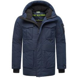 Winterjacke STONE HARBOUR "Edriik XX", Herren, Gr. M (50), blau (navy), Oberstoff: 56% Polyester, 44% Nylon, Futter: 100% Polyester, Wattierung: 100% Polyester, Ärmelfutter: 100% Polyester, gerade hüftbedeckend, hoch geschlossener Ausschnitt, verstellbar Rippstrickbündchen mit Druckknöpfen,verstellbar, Jacken, Warm gefütterte kurze Herren Jacke für den Winter