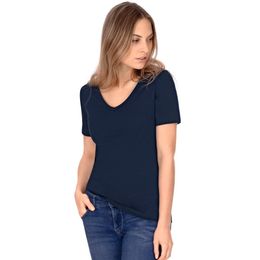 T-Shirt TRIGEMA "TRIGEMA V-Shirt aus Baumwolle/Elastan", Damen, Gr. M, blau (navy), 95% Baumwolle, 5% Elastan, Basic, Shirts T-Shirt