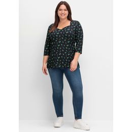 3/4-Arm-Shirt sheego "T-Shirt", Damen, Gr. 48/50, schwarz (schwarz, gemustert), 95% Viskose, 5% Elasthan, gebl&uuml;mt, gemustert, herzf&ouml;rmiger Ausschnitt, Shirts 3/4-Arm-Shirt