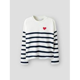 Strickpullover name it "NKFLINE LS KNIT PS NOOS", M&auml;dchen, Gr. 122/128, schwarz sapphire stripes:cloud dancer, rot heart, Strick, Obermaterial: 80% Viskose, 16% Polyester, 4% Elasthan, gestreift, regular fit normal, Rundhals, Pullover Strickpullover