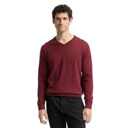 V-Ausschnitt-Pullover Tom Tailor, Herren, Gr. XL, bordeaux melange, Strick, Obermaterial: 100% Baumwolle, meliert, regular fit normal, V-Ausschnitt, Rippbündchen, Pullover, mit kleiner Logo-Stickerei