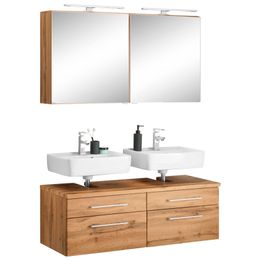 Badm&ouml;bel-Set Welltime "Davos", braun (eichefarben), Holzwerkstoff, MDF, Melamin, Kastenm&ouml;bel-Sets, Badm&ouml;bel-Set, 2 Spiegelschrank und Waschbeckenunterschrank