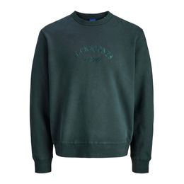 Jack & Jones Sweatshirt JACK & JONES "JORBLEECKER BRANDING SWEAT CREW BF", Herren, Gr. M, forest river detail:jj, angeraute Sweatware, Obermaterial: 70% Baumwolle, 30% Polyester, bedruckt, relaxed fit, Rundhals, Rippb&uuml;ndchen, Sweatshirts Sweatshirt