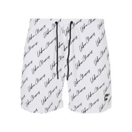 Badeshorts Urban Classics "Urban Classics Herren Pattern Swim Shorts", Herren, Gr. M, US-Größen, weißscriptlogo, 100% Polyester, Badehosen