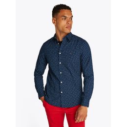 Langarmhemd Tommy Hilfiger "FLEX POPLIN AOP Slim Fit SHIRT", Herren, Gr. L, N-Gr, blau (night sky allover), Web, Obermaterial: 100% Baumwolle, slim fit, Manschette, Hemden, mit Alloverprint