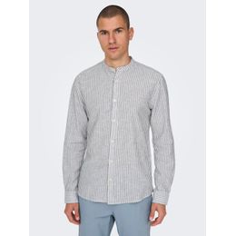 Only & Sons Langarmhemd ONLY & SONS "ONSCAIDEN LS MAO STRIPE LINEN SHIRT NOOS", Herren, Gr. S, N-Gr, blau (schwarz navy), Web, Obermaterial: 55% Baumwolle, 45% Leinen, gestreift, slim fit, Hemden