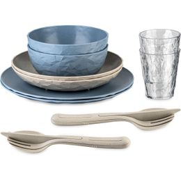 Geschirr-Set Koziol "CLUB SET SKAGEN", blau (nature desert sand, nature flower blau), 10 Stk., Kunststoff, Geschirr-Sets, spülmaschinengeeignet, melaminfrei, CO² neutrale Produktion