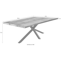 Esstisch Sit "Tops&Tables", schwarz (schwarz, schwarz, bunt), B:160cm H:76cm T:85cm, Tische, Esstisch, mit Tischplatte aus Altholz mit Farbresten