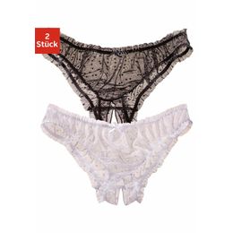 Slip-Ouvert Petite Fleur Gold, Damen, Gr. 40/42, 2 Stk., schwarz-wei&szlig; (wei&szlig;, schwarz), Netz, Obermaterial: 90% Polyamid, 10% Elasthan, Unterhosen, mit R&uuml;schensaum und P&uuml;nktchenmuster