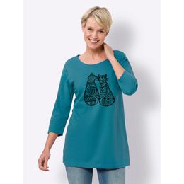 Longshirt Classic Basics "Longshirt", Damen, Gr. 38, blau (aquapetrol, schwarz), 100% Baumwolle, bedruckt, gemustert, Rundhals, Shirts Longshirt