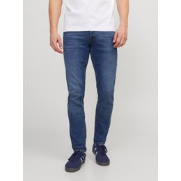 Jack & Jones Slim-fit-Jeans JACK & JONES "JJIGLENN Slim-Fit mit Stretch und praktischer 5-Pocket-Form", Herren, Gr. 29, Länge 30, blau (dunkelblau denim), Denim/Jeans, Obermaterial: 70% Baumwolle, 28% Polyester, 2% Elasthan, Abriebeffekte, slim fit knöchellang, Jeans, mit Abriebeffekten