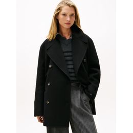Kurzmantel Tommy Hilfiger "DF WOOL BLEND REG PEACOAT", Damen, Gr. 40, schwarz, Web, Obermaterial: 60% Wolle, 40% Polyester, unifarben, h&uuml;ftbedeckend, V-Ausschnitt, M&auml;ntel Kurzmantel, mit Wolle