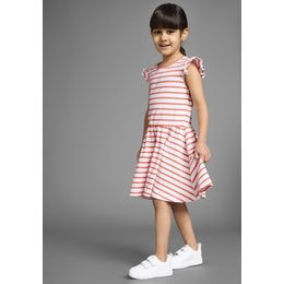 Jerseykleid Kidsworld "2er Pack Shirtkleider", M&auml;dchen, Gr. 140/146, N-Gr, aprikot ringel, marine, Jersey, Obermaterial: 95% Baumwolle, 5% Elasthan, geringelt, unifarben, figurumspielend kniefrei, Rundhals, Kleider Jerseykleid, 1x uni und 1x geringelt