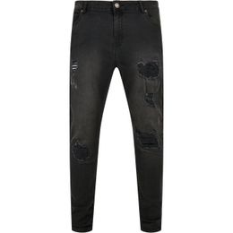 Bequeme Jeans Urban Classics "Urban Classics Herren Heavy Destroyed Slim Fit Jeans", Herren, Gr. 38/32, L&auml;nge 32, realschwarz heavy destroyed washed, 98% Baumwolle, 2% Elasthan, unifarben, Jeans