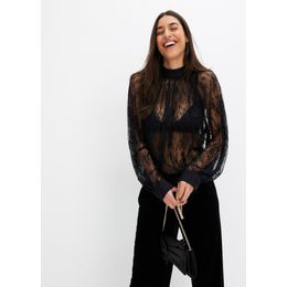 bonprix Spitzenbluse mit leichter Transparenz, schwarz, Gr.48, Stylische Bluse in transparenter Optik