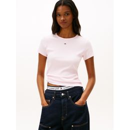 Kurzarmshirt Tommy Jeans "TJW SLIM ESSENTIAL RIB SS EXT", Damen, Gr. 4XL (48), light pink, Single Jersey, Obermaterial: 95% Baumwolle, 5% Elasthan, gestreift, slim fit kurz, Rundhals, abgesteppt, Shirts, mit gerippter Struktur