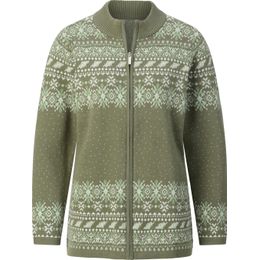 Damen Jacquardstrickjacke im Norweger-Stil khaki-ecru-gemustert, Gr&ouml;&szlig;e 54