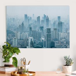 Bilderwelten Akustikbild Stadt blau Motiv Schallschutzbild - K&uuml;hles Shanghai - Architektur Wohnzimmer Schlafzimmer