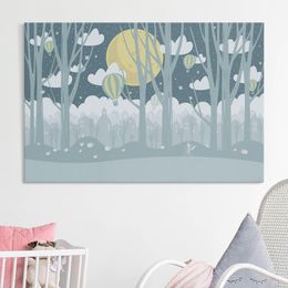Bilderwelten Akustikbild Fahrzeuge blau Illustration Schallschutzbild - Mond mit Bäumen und Häusern - Ballon Kinderzimmer Baby Mädchen Jungen
